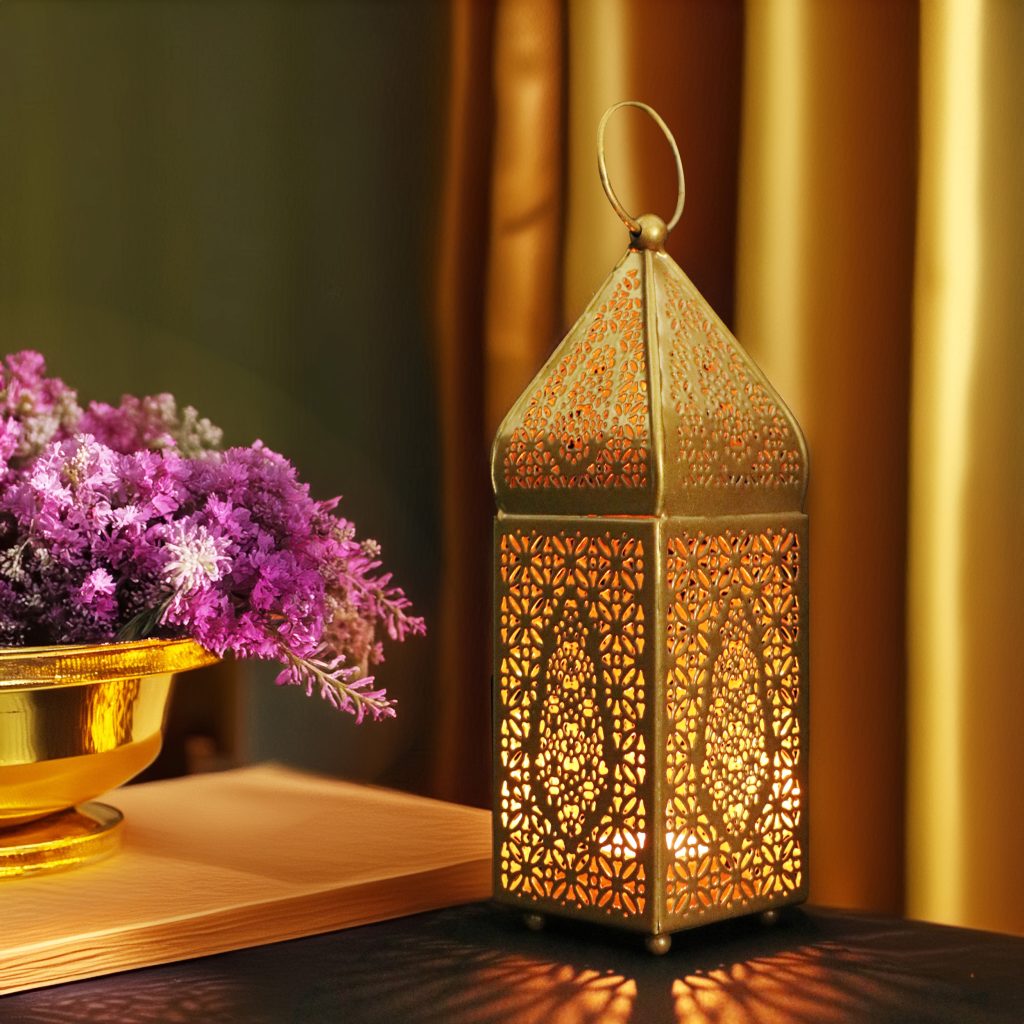 Arabian Pattern Metal Lantern in Antique Gold | Nestin